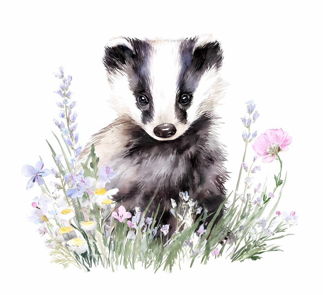 Woodland Badger Clipart Bundle Set of 11, Cute Floral Watercolor ...
