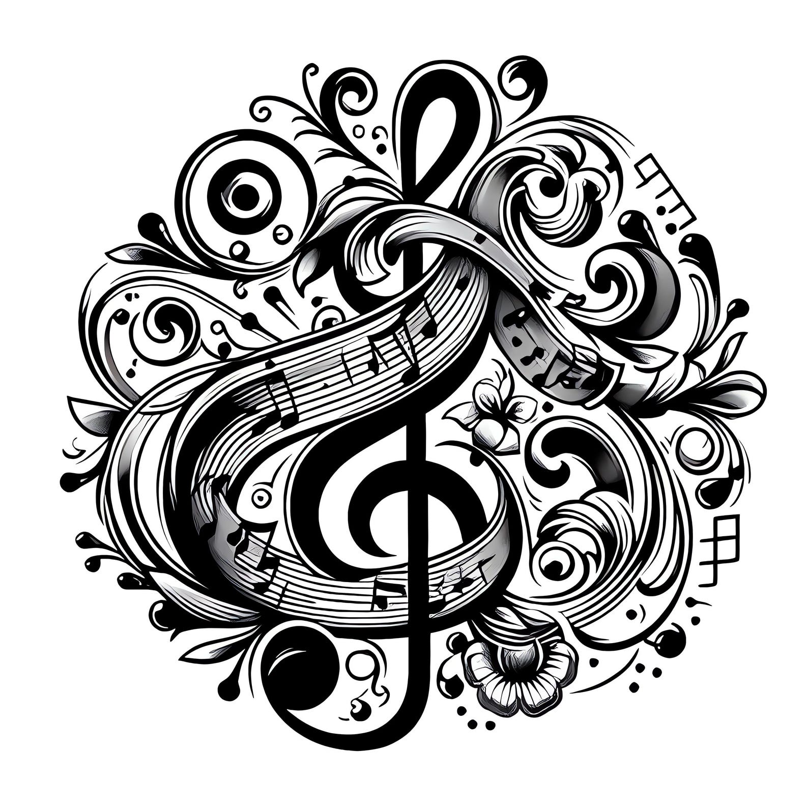 Vintage Music Ornament Treble Clef Floral Baroque Notes Illustration ...