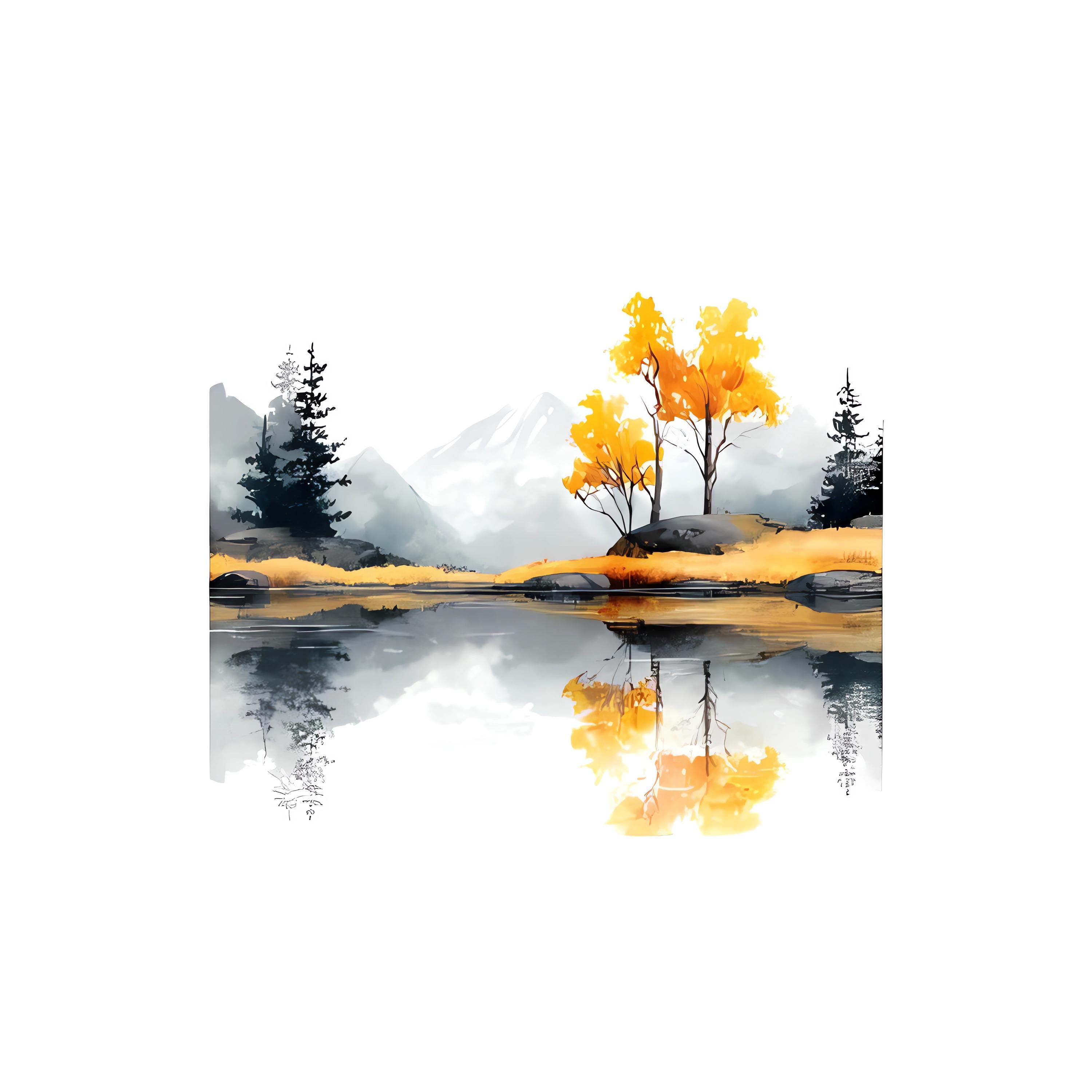Golden Autumn Watercolor Landscape Art Bundle: Scandinavian Fall Lake ...