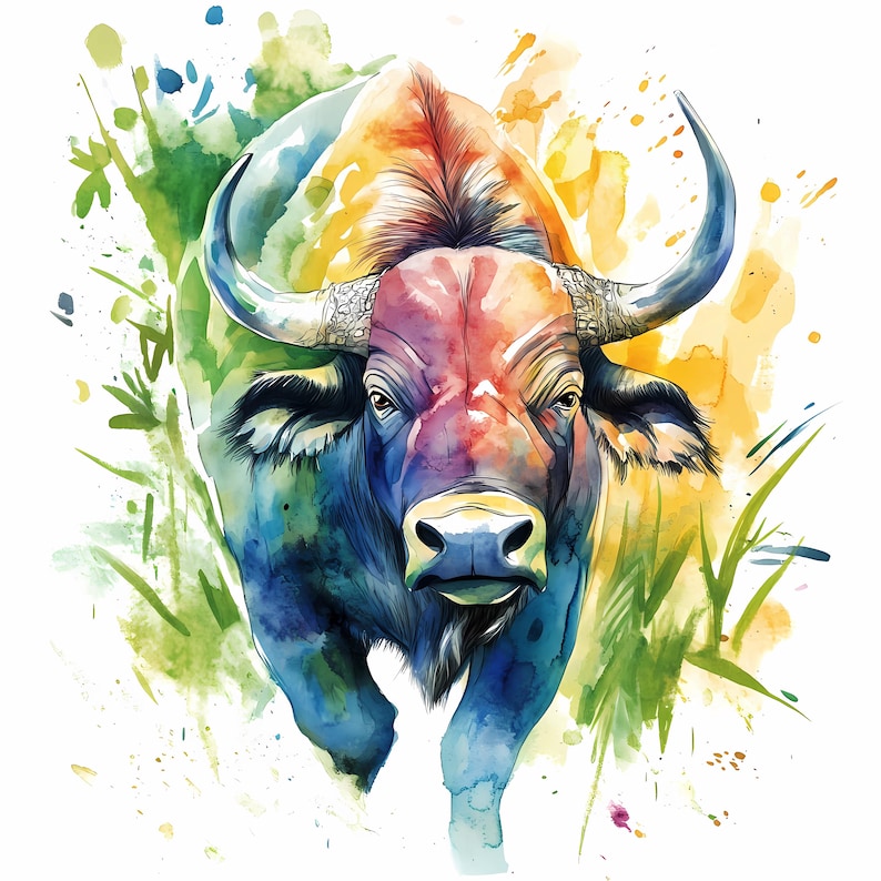 8 Colored Buffalo Clipart, African Buffalo Images, Watercolor Buffalo ...