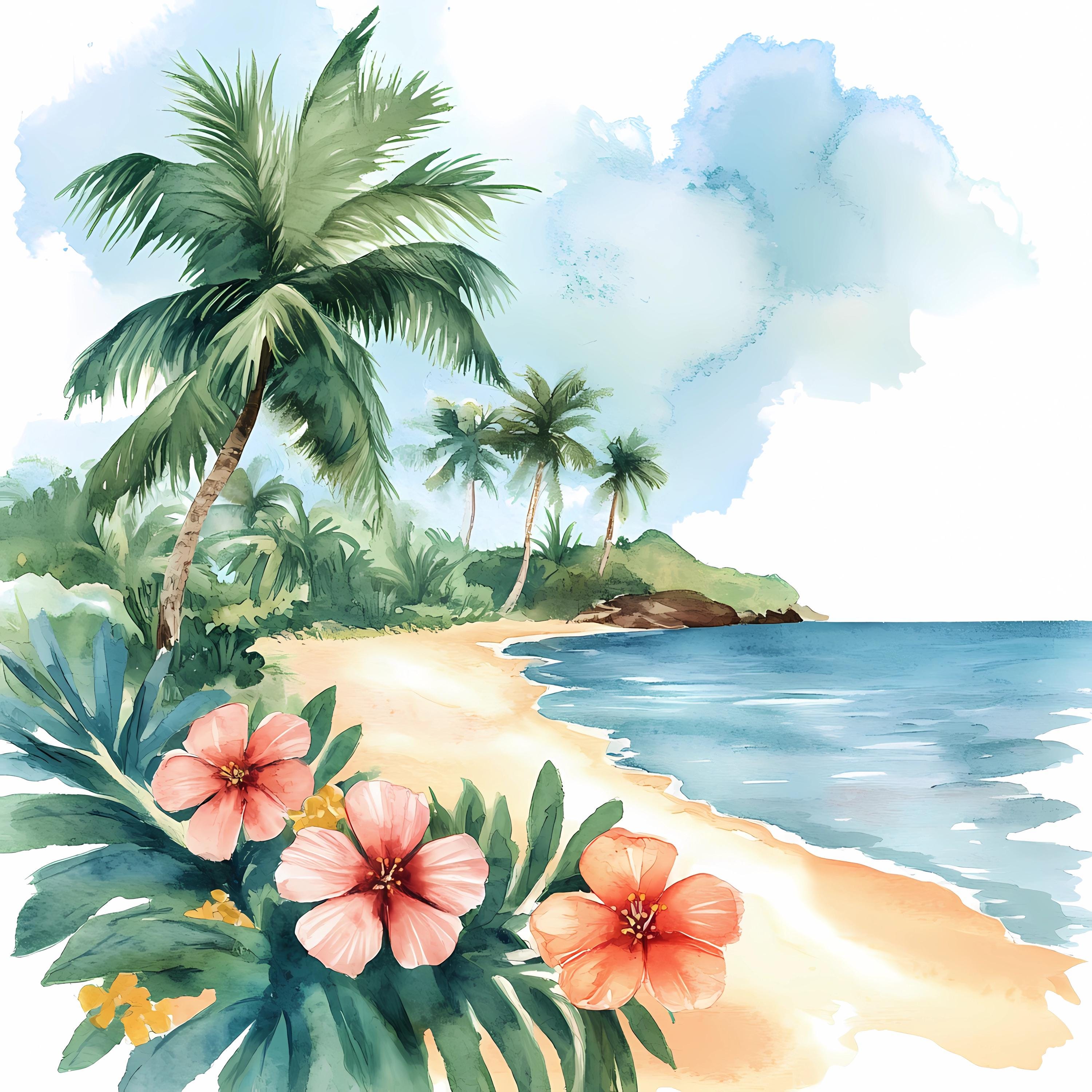 Watercolor Hawaii Clipart: Tropical Island Beach Scene (PNG Digital ...