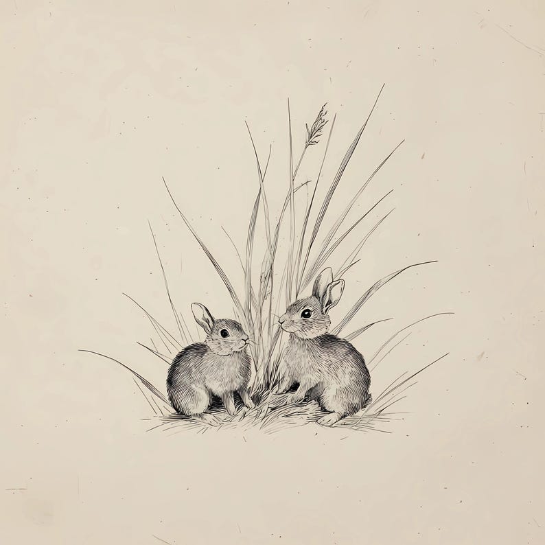 Vintage Rabbit Pencil Sketch Bundle Woodland Bunny Illustration Art ...