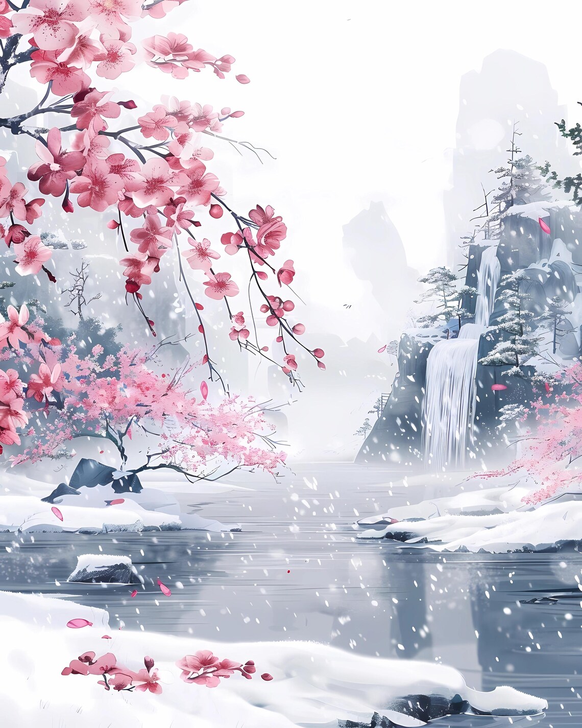 Winter Sakura Waterfall Art: Japanese Cherry Blossom Prints (PNG & JPG ...
