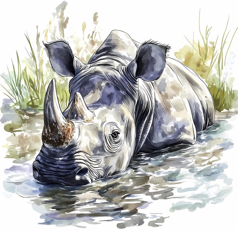 Watercolor Rhino Clipart Bundle, Rhinoceros Water Art PNG Set, Safari ...