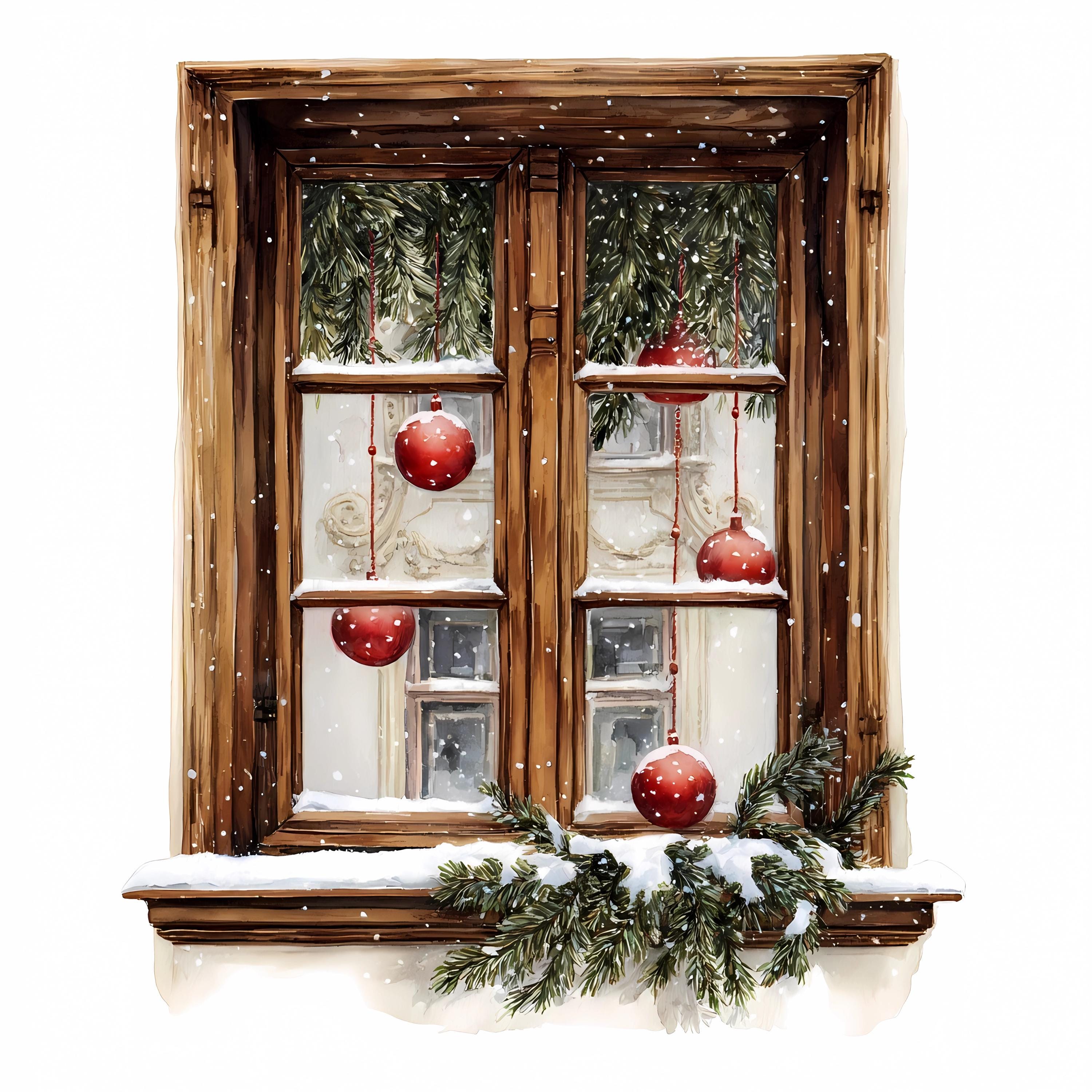 Watercolor Christmas Window Clipart Bundle: Snowy Scene PNG JPG ...
