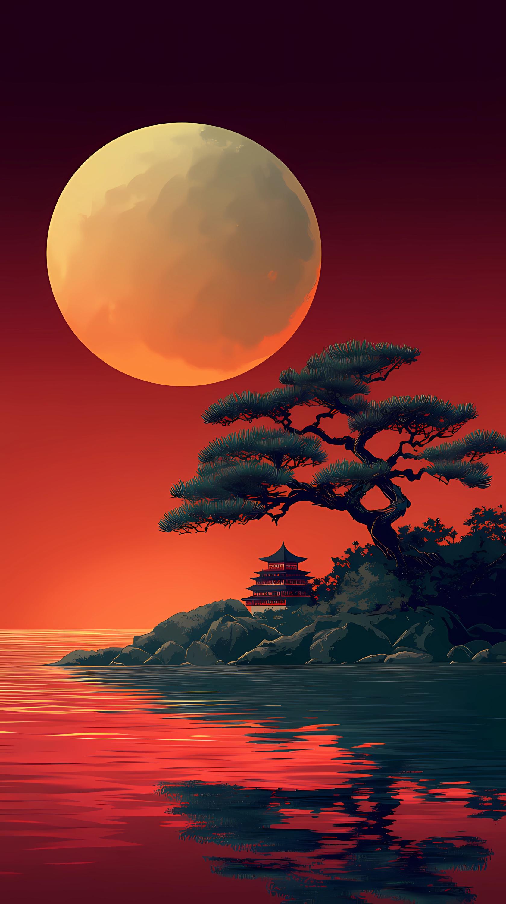 Red Sun Chinese Landscape Clipart: Watercolor Asia Lake PNG Files ...