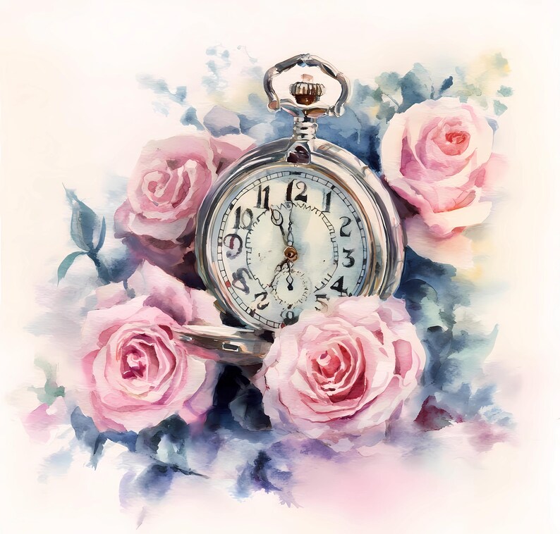 Vintage Rose Clock Watercolor Print Bundle PNG JPG Files - Etsy