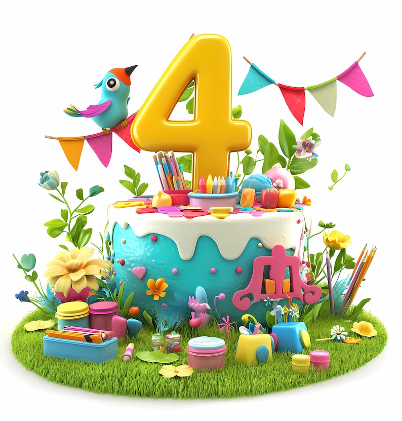 4th Birthday Cake Clipart Bundle Cartoon PNG Kids Party Decorations ...