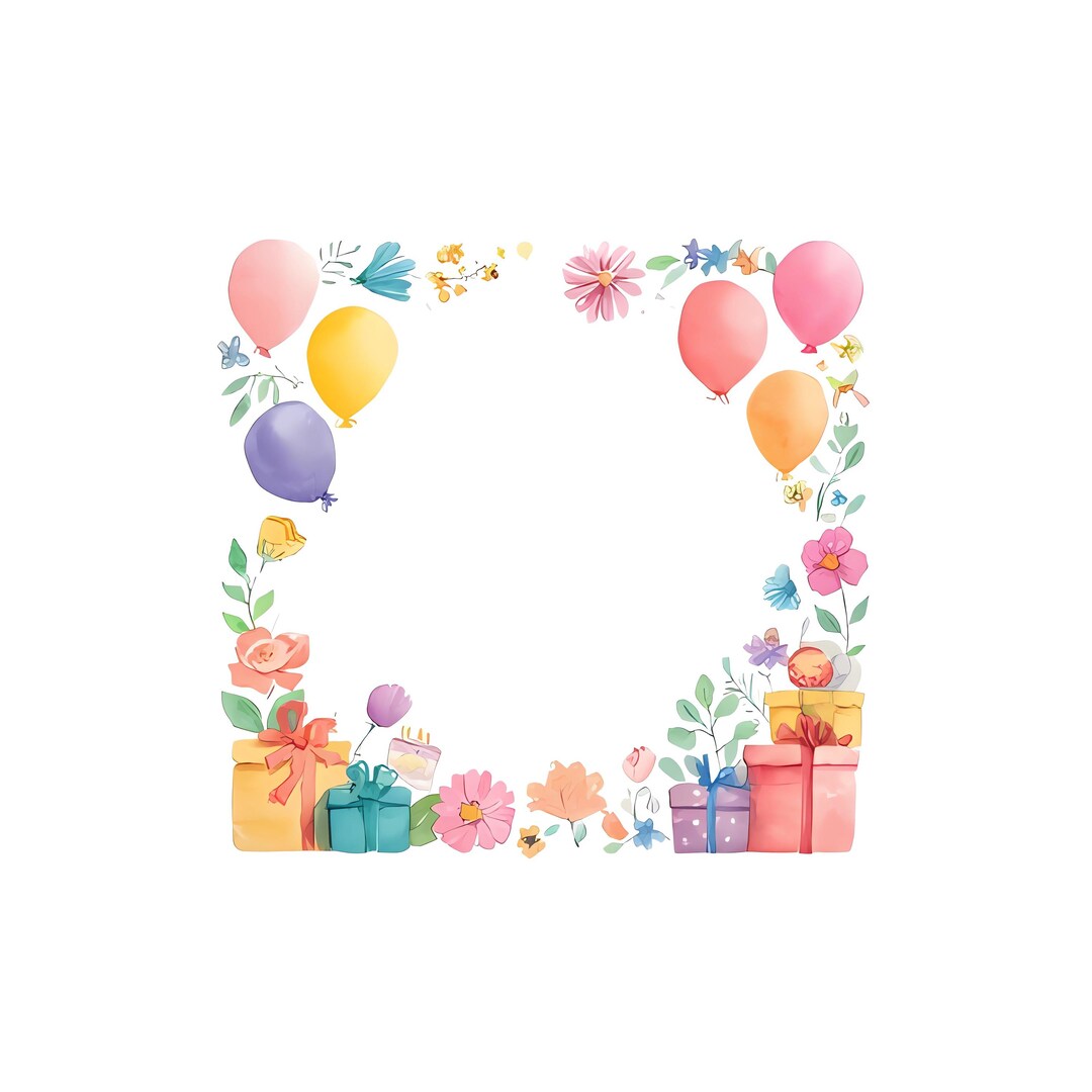 Pastel Birthday Frame Clipart Bundle Set of 14, Balloons, Flowers and ...
