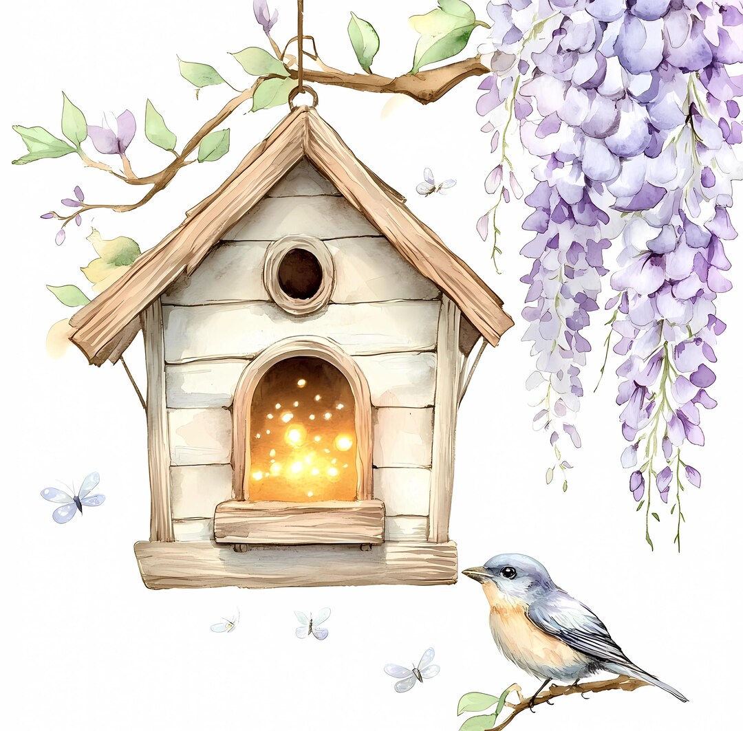 Birdhouse and Wisteria Clipart Bundle, 9 Purple Floral Watercolor PNG ...