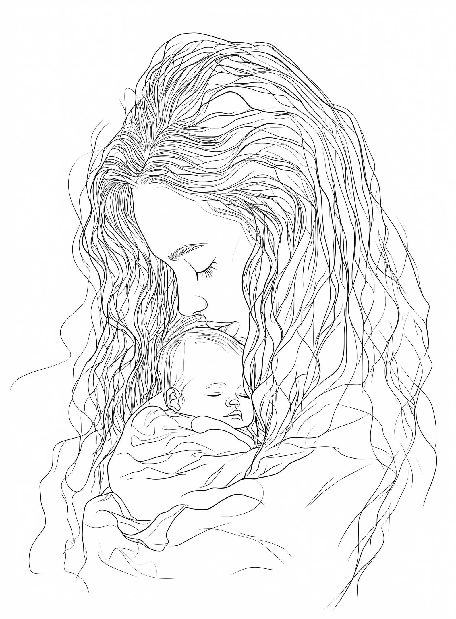 Mother and Baby Line Art Bundle – 8 Printable Mom Holding Baby Outlines ...
