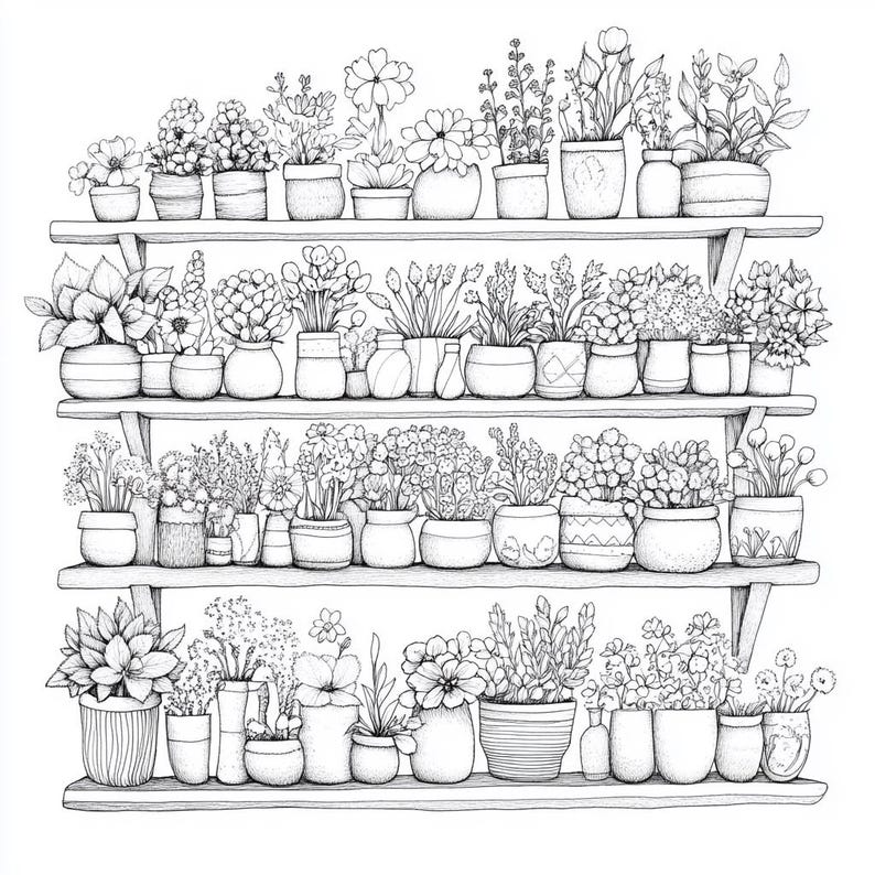 Potted Flowers on Shelves Coloring Pages Set of 15 – Botanical Line Art ...