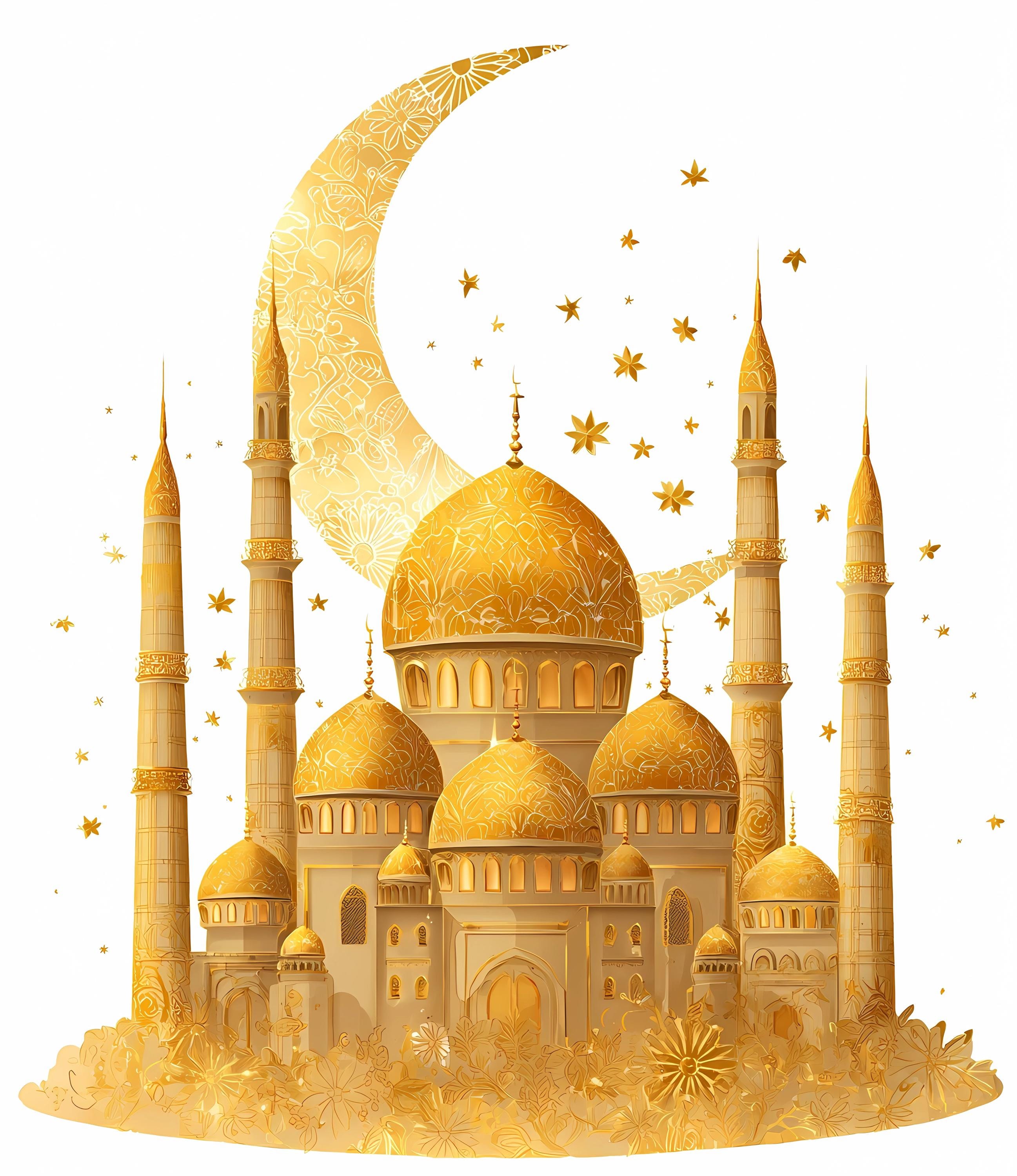 Golden Mosque Eid Clipart Set: Crescent Moon & Floral Decor (PNG JPG ...