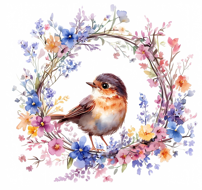 Spring Wreath Bird Image Clipart Set of 8 | Spring Flower With Birds ...