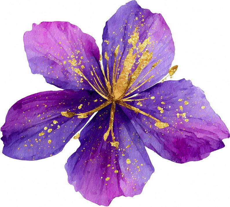 Purple Watercolor Flower Clipart: Gold Glitter Floral PNG JPG Bundle - Etsy