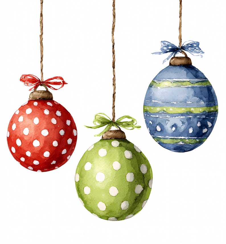 Watercolor Christmas Ornaments Clipart Set of 12, Polka Dot Baubles PNG ...