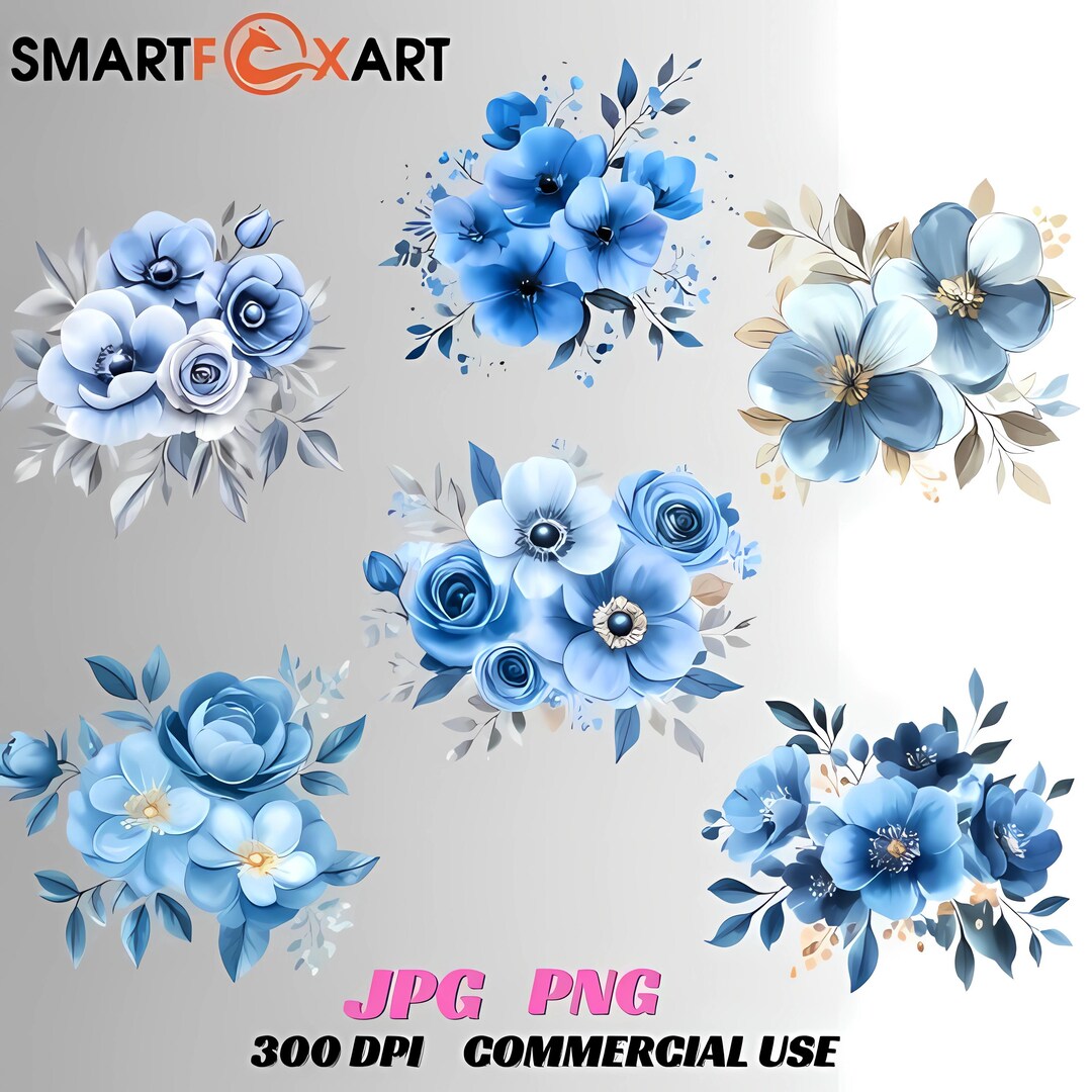Blue Watercolor Flower Bouquet Clipart: PNG JPG Bundle (commercial Use ...