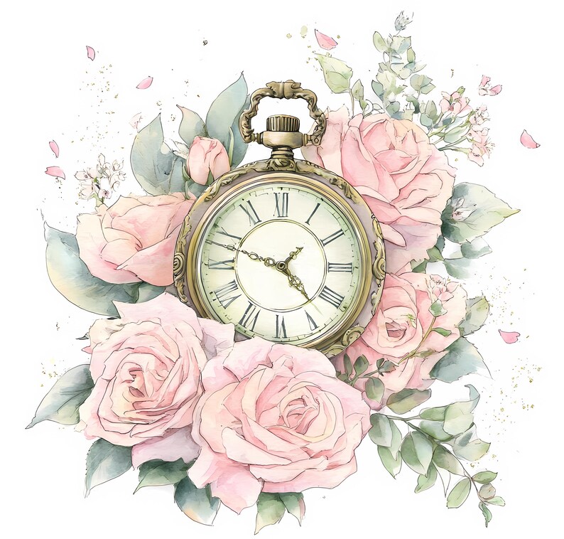 Vintage Rose Clock Watercolor Print Bundle PNG JPG Files - Etsy