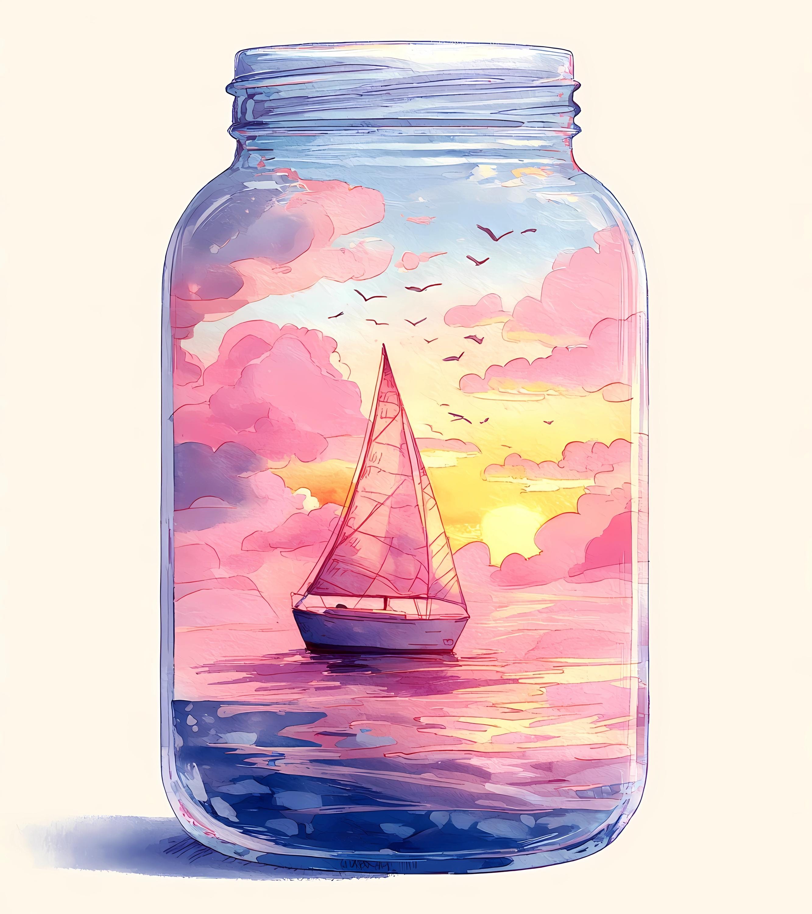 Watercolor Sailboat Jar Art: Nautical Sunset Print Bundle (PNG JPG) - Etsy