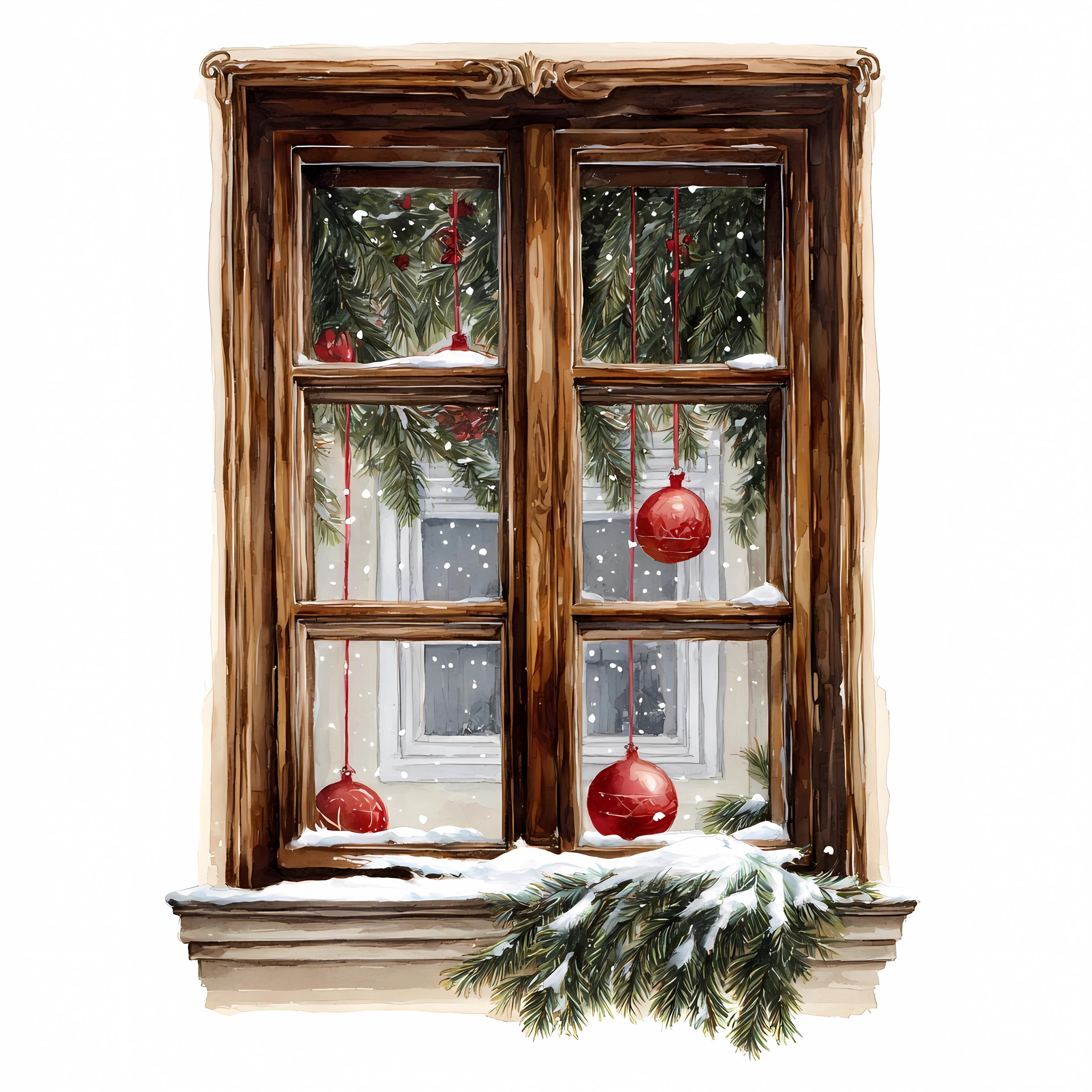 Watercolor Christmas Window Clipart Bundle: Snowy Scene PNG JPG ...