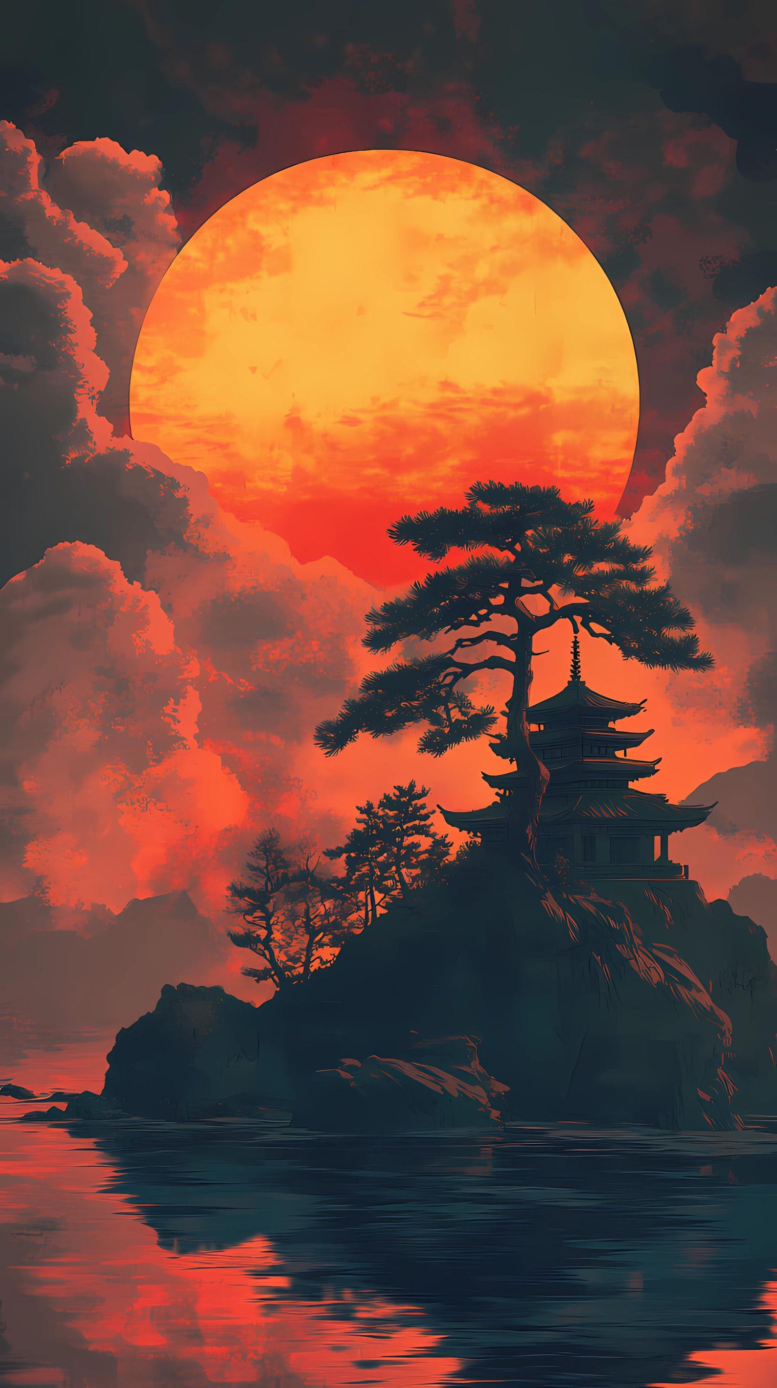 8 Abstract Red Sun Chinese Landscape Clipart, Watercolor Asia Lake ...