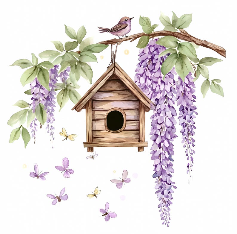 Birdhouse and Wisteria Clipart Bundle, 9 Purple Floral Watercolor PNG ...