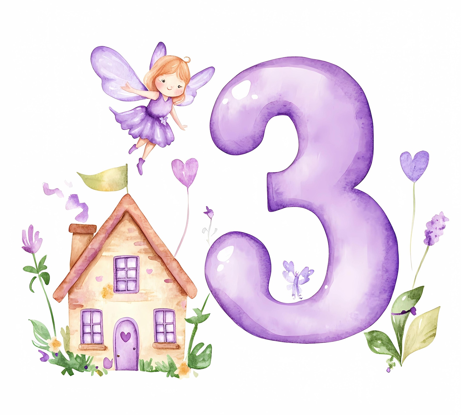 Fairy 3rd Birthday Clipart: Watercolor Princess PNG, Digital Download ...