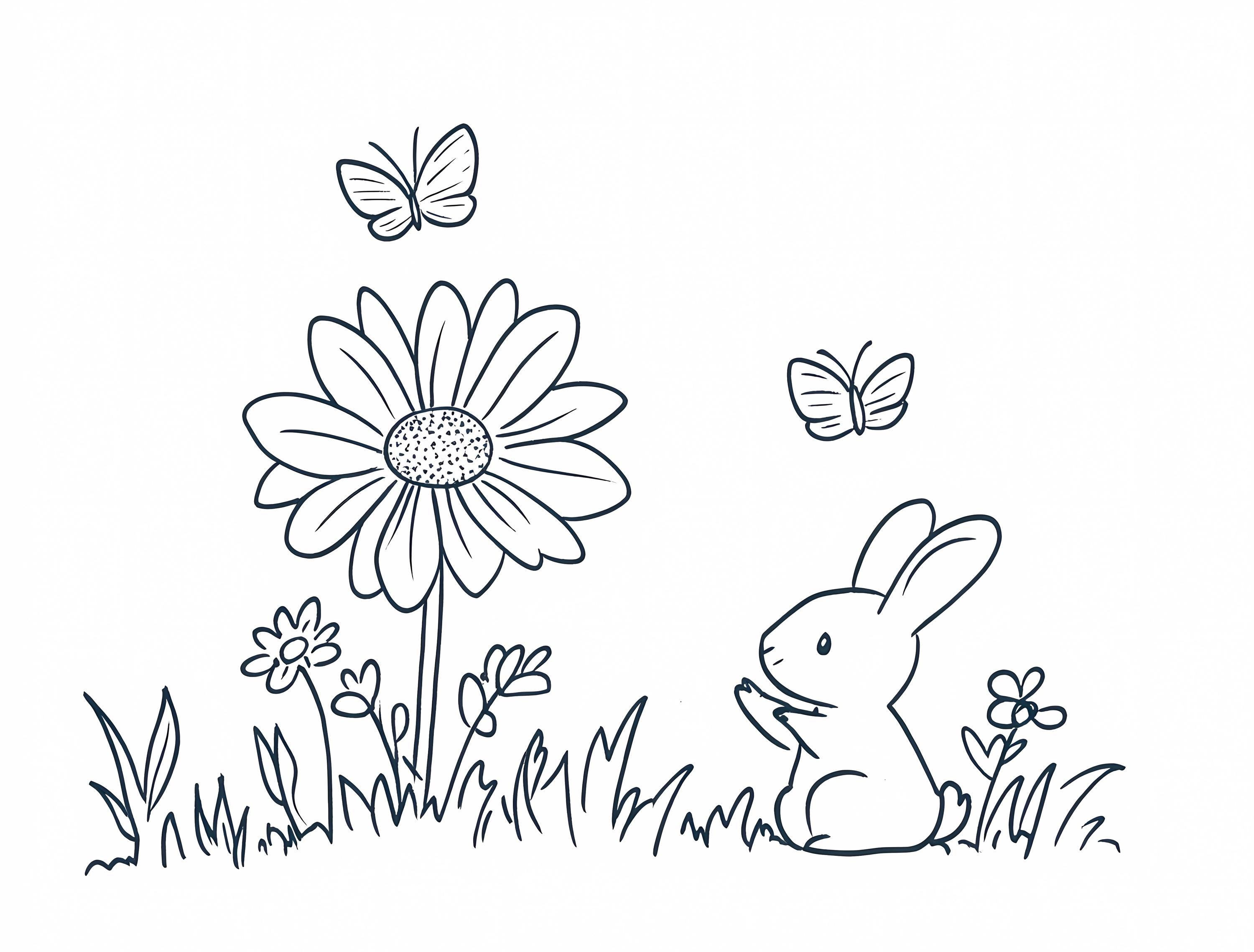 Bunny Rabbit Coloring Pages: Spring Flowers, Easter Pngs (digital ...