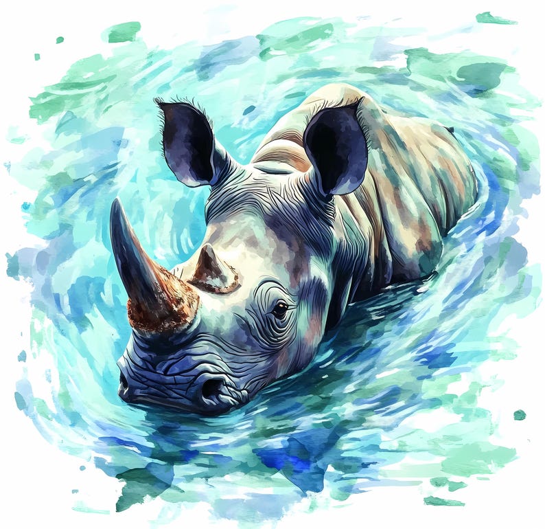 Watercolor Rhino Clipart Bundle, Rhinoceros Water Art PNG Set, Safari ...