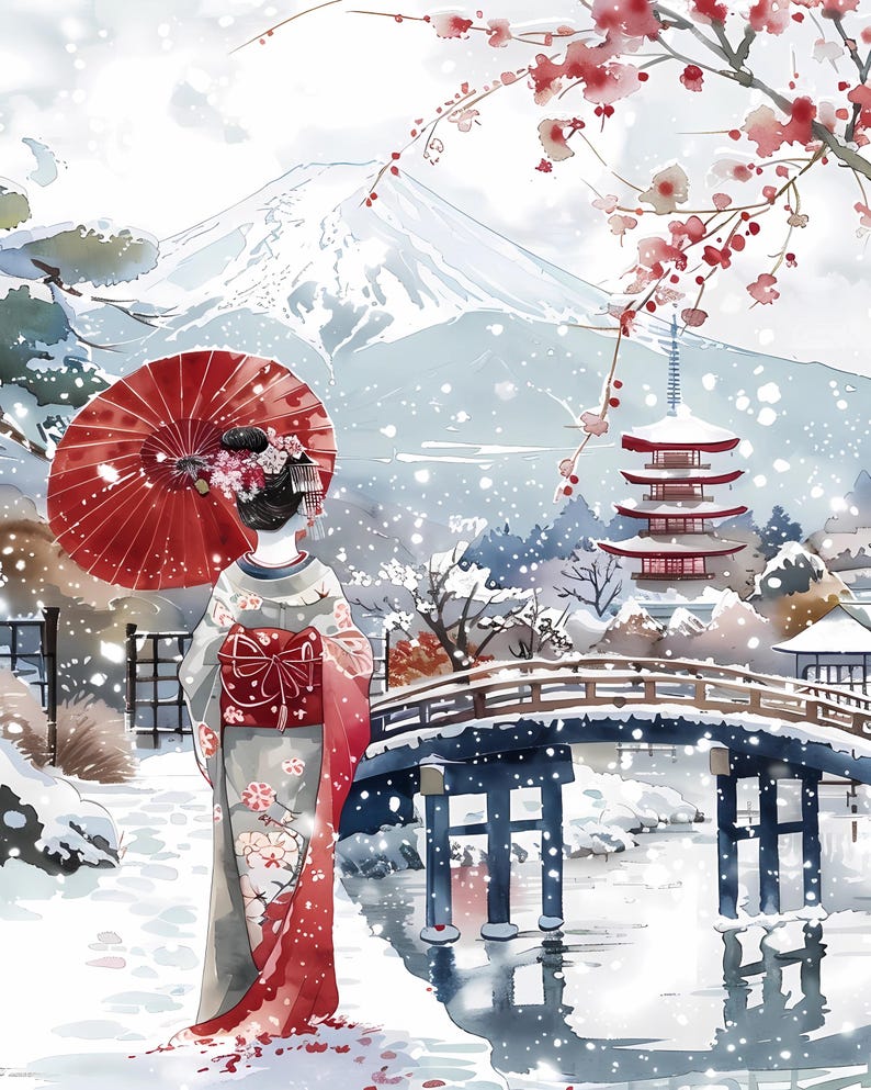 Japanese Geisha Winter Art Prints: Snowy Mount Fuji Landscape (PNG JPG ...