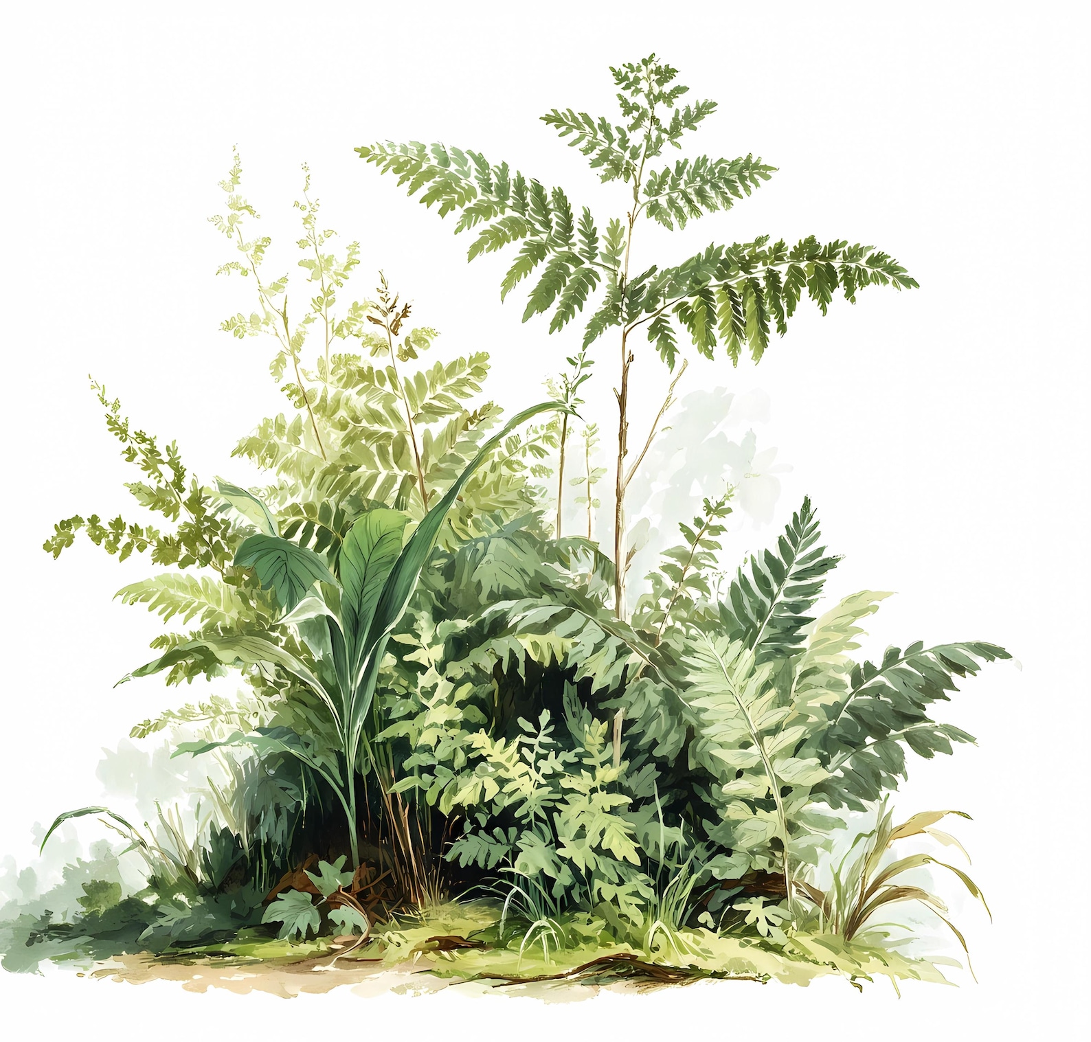 Watercolor Green Botanical Print Set, Ferns, Jungle Foliage (digital ...