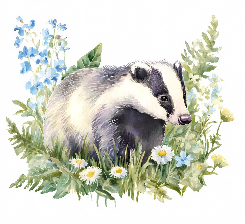 Watercolor Badger Clipart Set: Floral Nursery Art (PNG JPG Digital ...