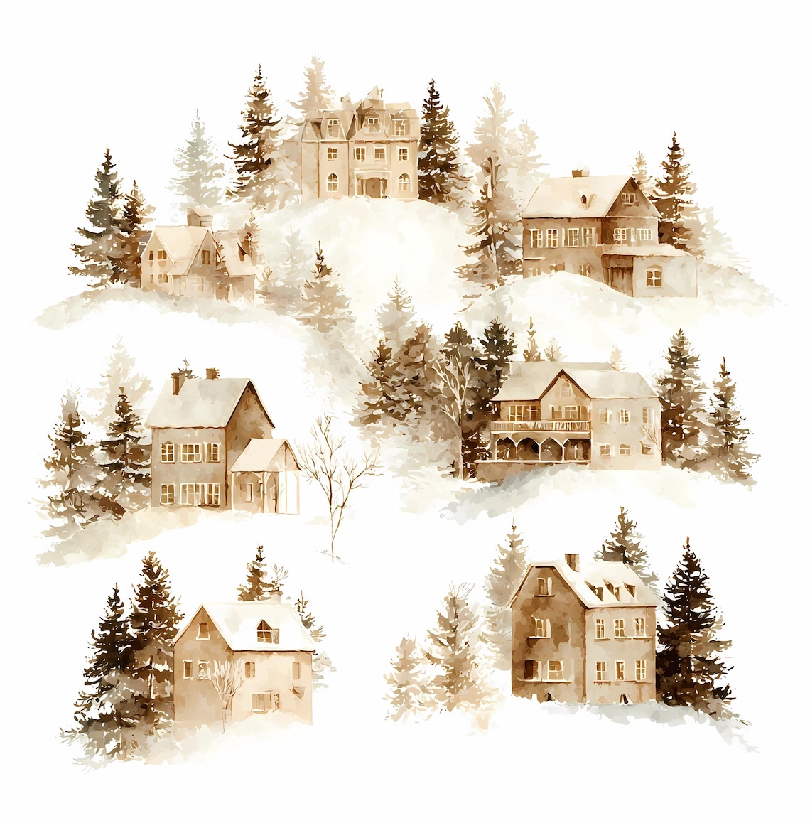 Winter Village Watercolor Print Set, Rustic Snowy Cottages, Nordic ...