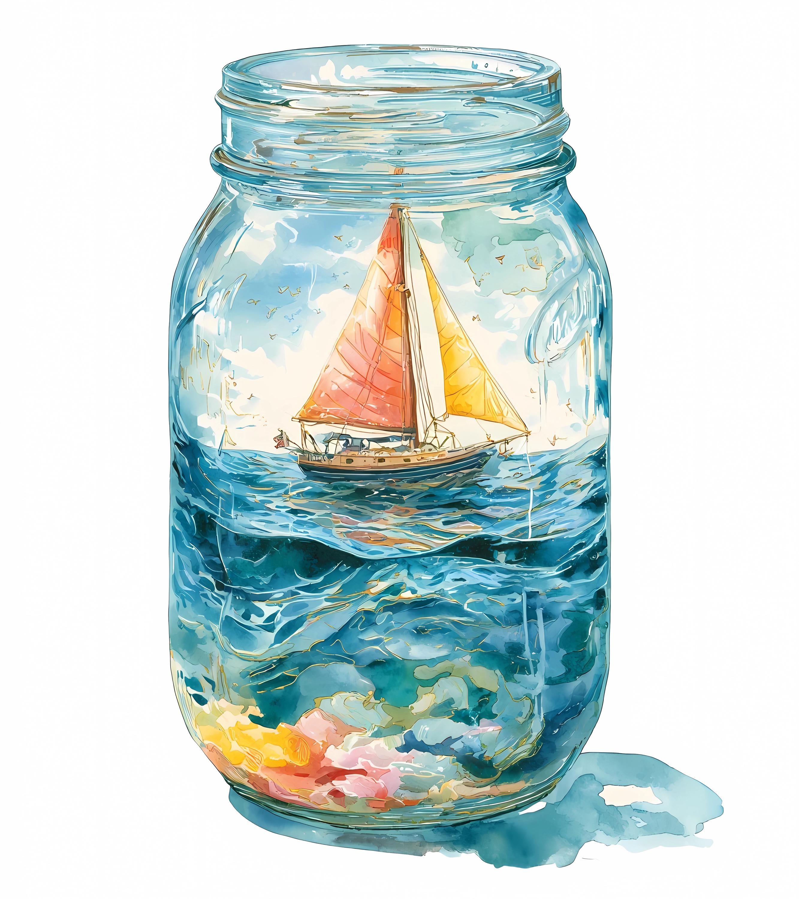 Watercolor Sailboat Jar Art: Nautical Sunset Print Bundle (PNG JPG) - Etsy