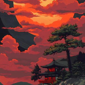 Red Sun Chinese Landscape Clipart: Watercolor Asia Lake PNG Files ...