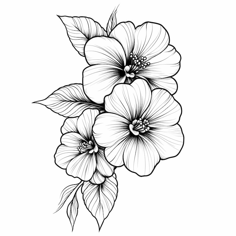 Floral Stem Clipart Bundle, Black and White Flower Line Art, Floral ...