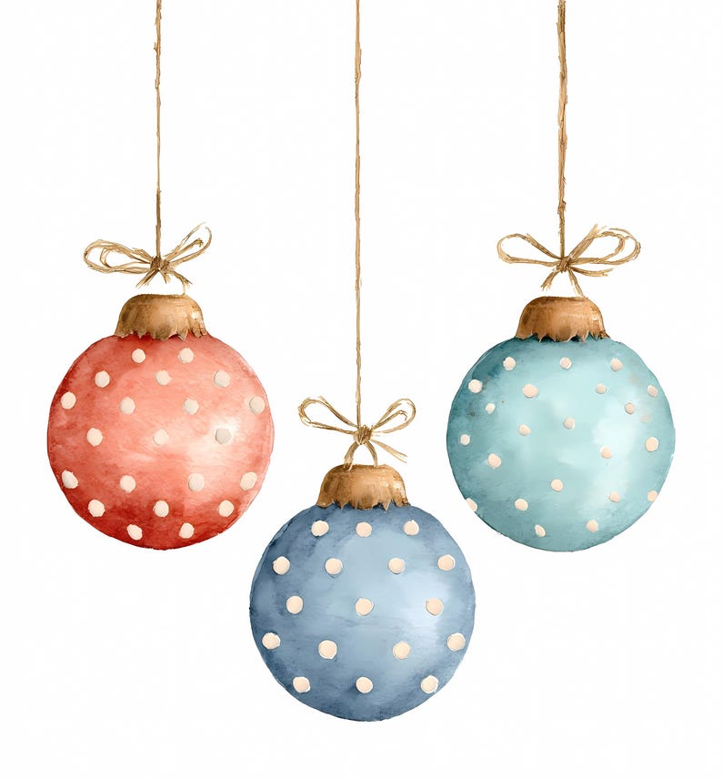 Watercolor Christmas Ornaments Clipart Set of 12, Polka Dot Baubles PNG ...