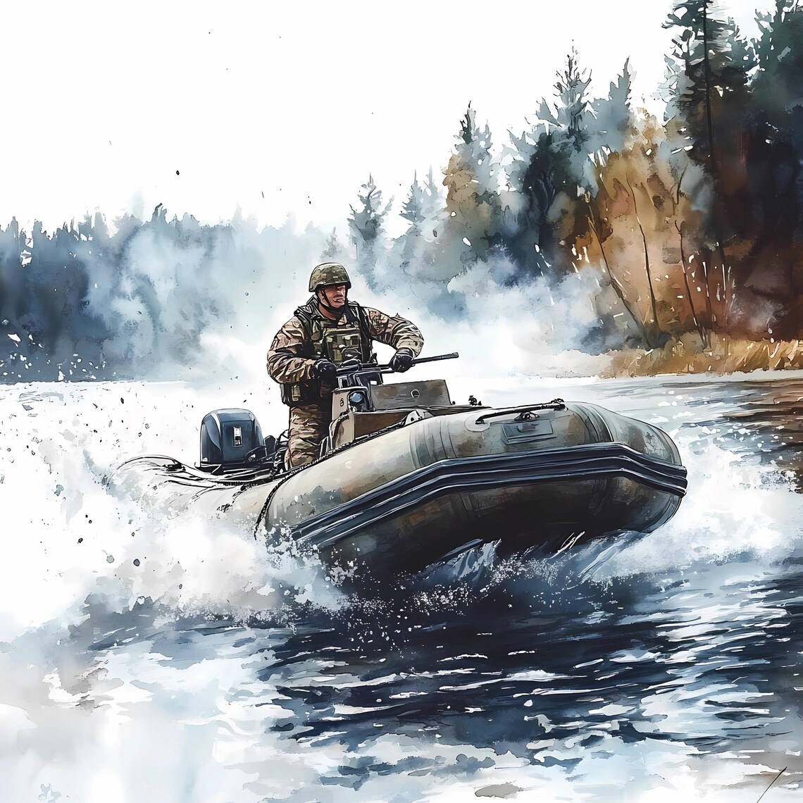 Military Inflatable Boat Watercolor Clipart, Combat Rib Speedboat PNG ...