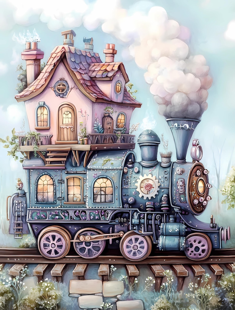 8 Funny Cartoon Locomotives Clipart, Antique Train With House, Train ...