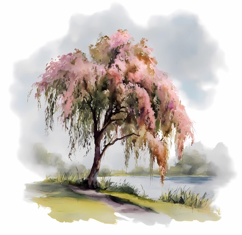 Watercolor Cherry Blossom Tree Art Print Set: Spring Landscape, Digital ...