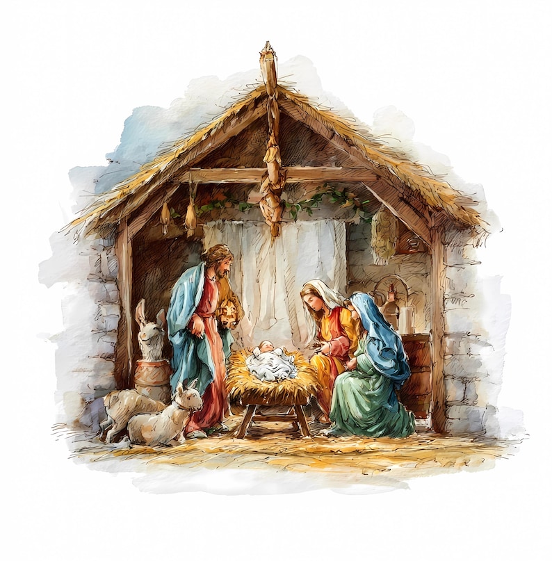 Nativity Watercolor Art Bundle: Holy Family, Manger Scene (digital ...