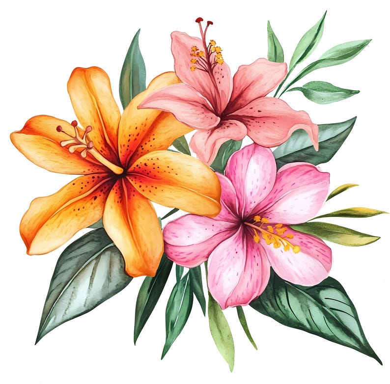 Watercolor Hibiscus Clipart Bundle: Pink & Orange Tropical Flowers ...