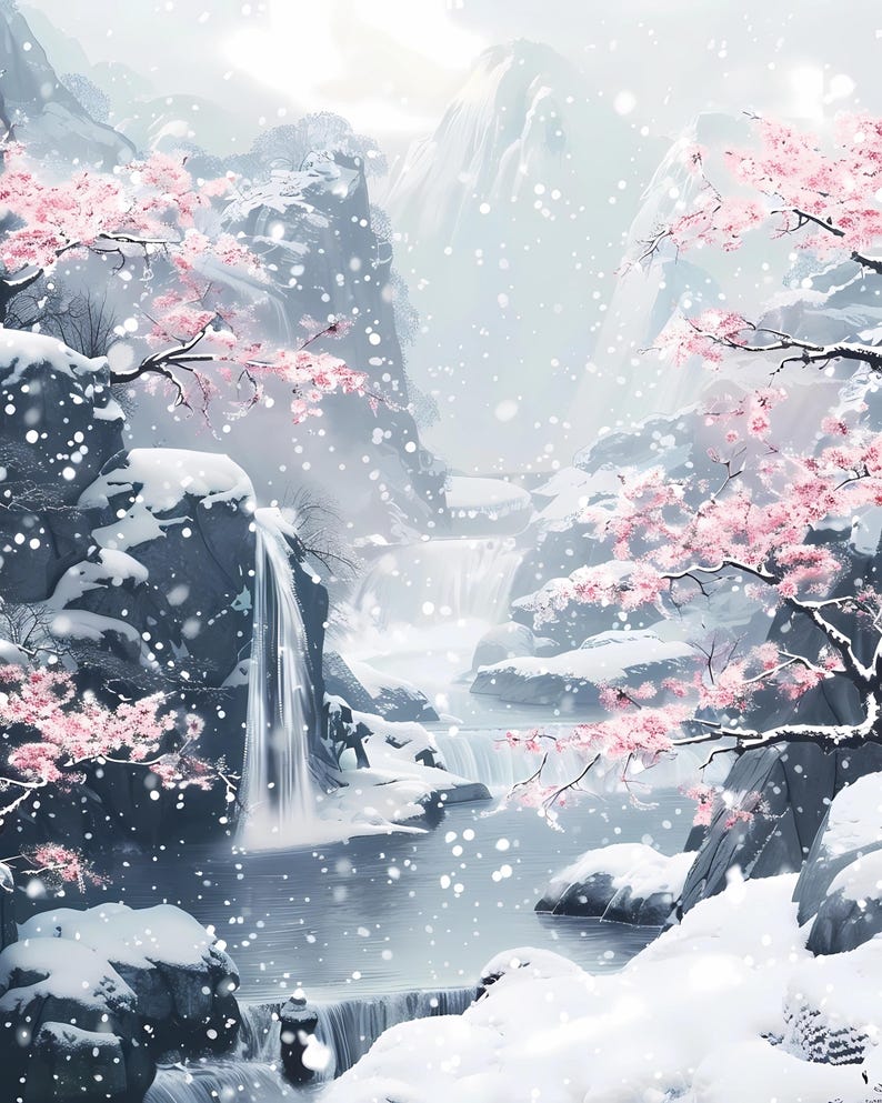 Winter Sakura Waterfall Art: Japanese Cherry Blossom Prints (PNG & JPG ...