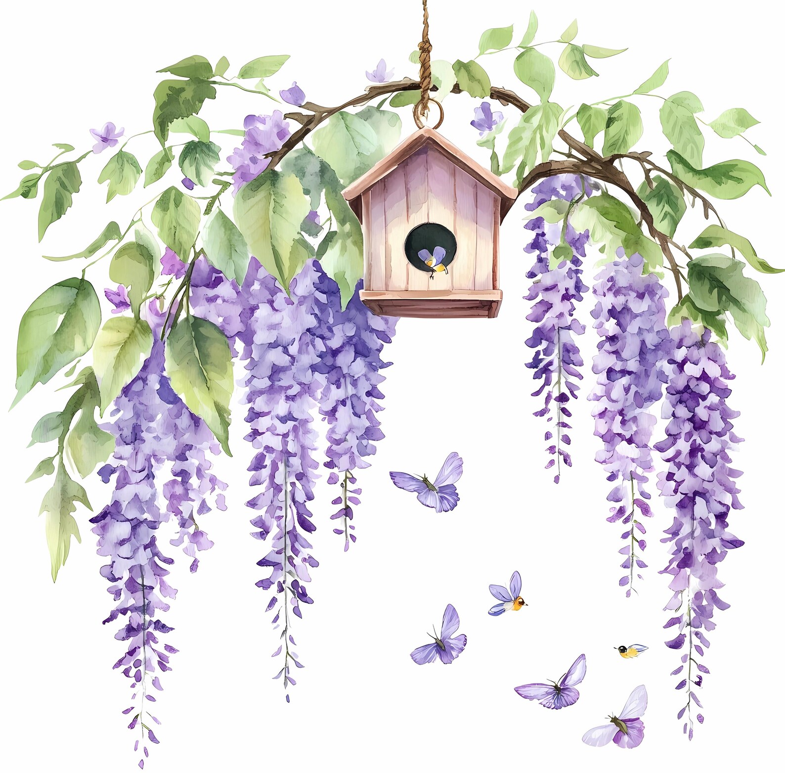 Birdhouse and Wisteria Clipart Bundle, 9 Purple Floral Watercolor PNG ...