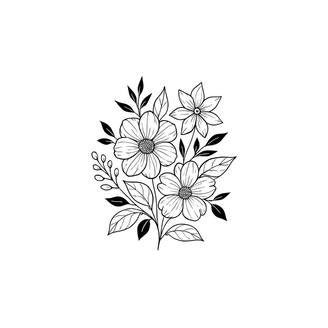 Floral Stem Clipart Bundle: Black and White Flower PNG (digital ...