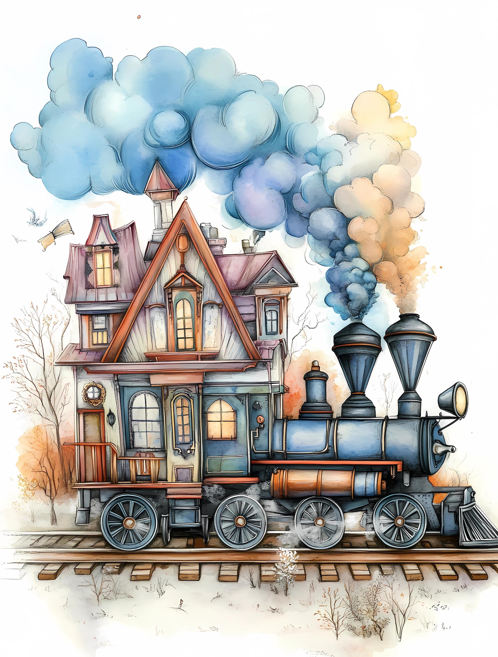 8 Funny Cartoon Locomotives Clipart, Antique Train With House, Train ...