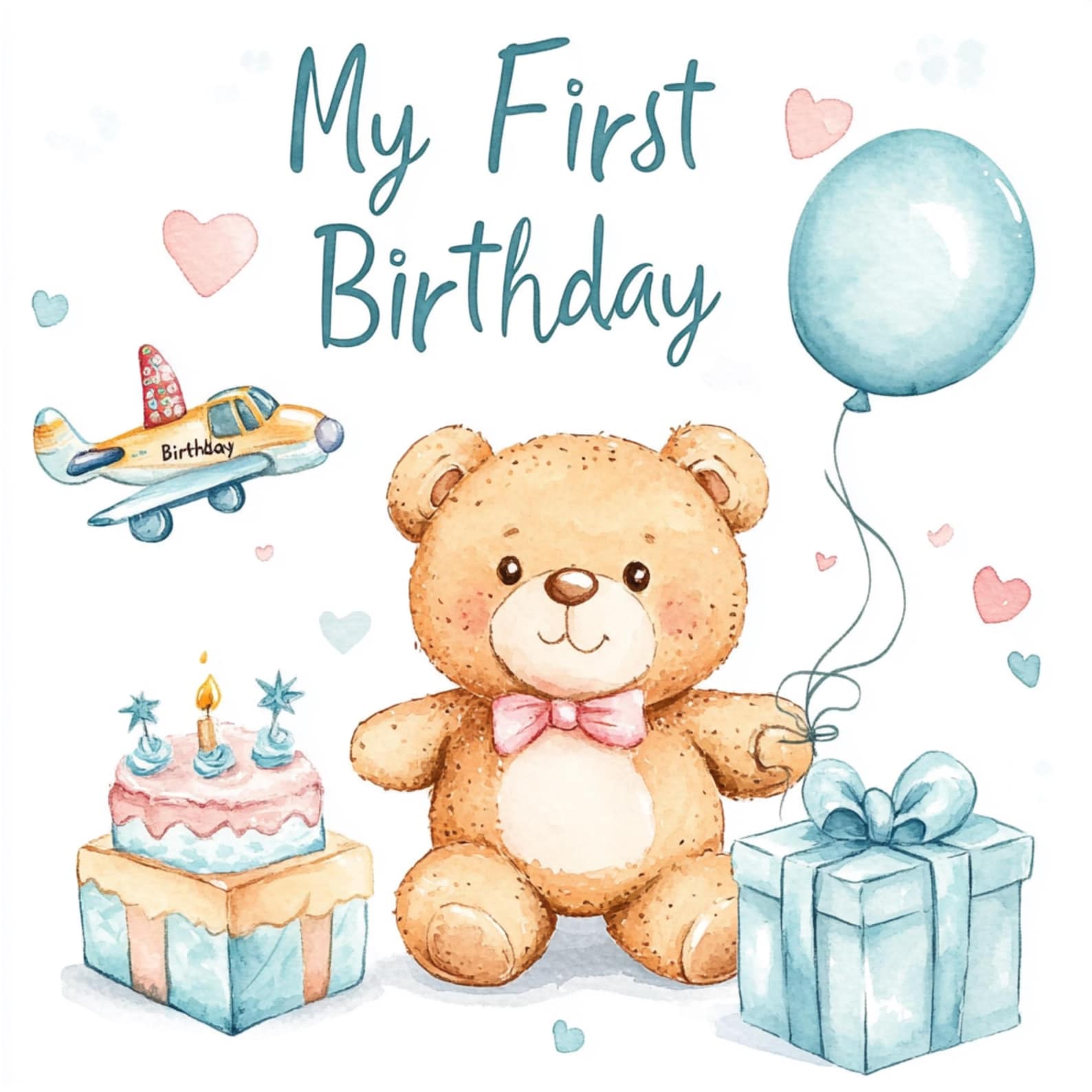 My First Birthday Teddy Bear Clipart Bundle – Blue Baby Bear, Cake ...