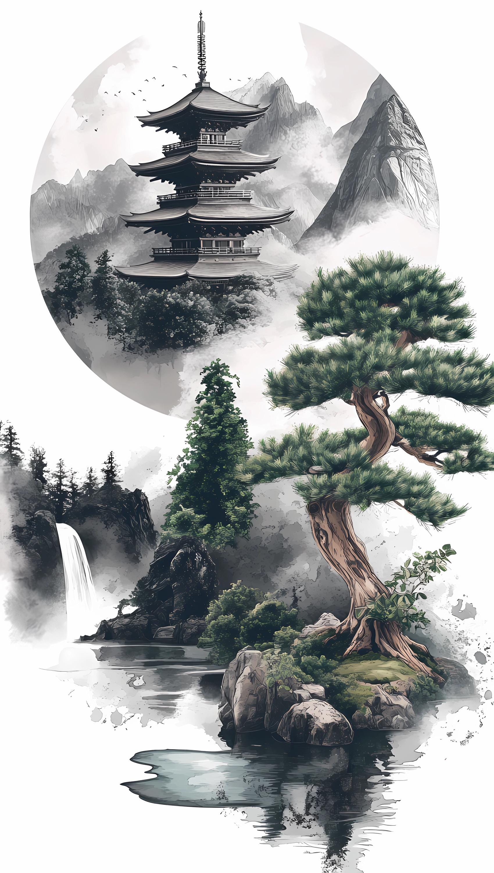 Watercolor Chinese Temple Clipart, Watercolor Asia Mountain Clipart ...