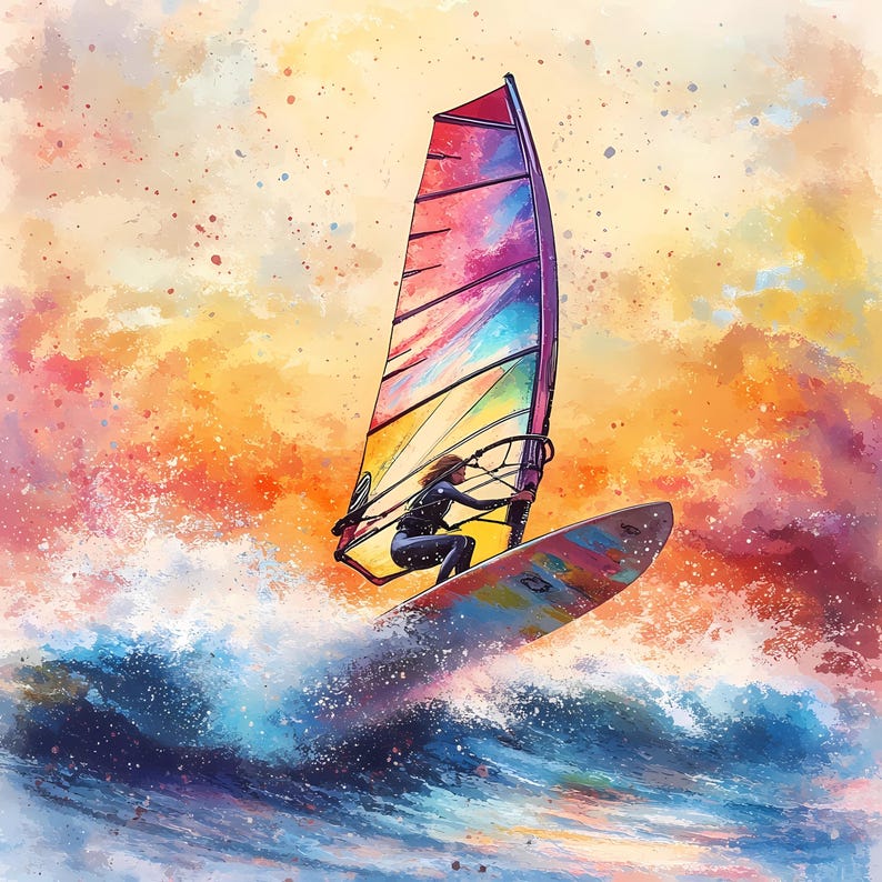 Windsurfing Watercolor Art Print Bundle, Colorful Windsurfer Girl at ...
