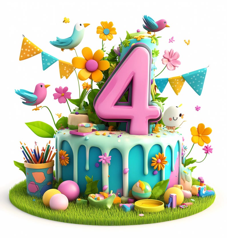 4th Birthday Cake Clipart Bundle Cartoon PNG Kids Party Decorations ...
